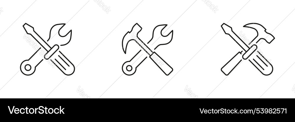 Crossed tools line icon set wrench hammer Vector Image