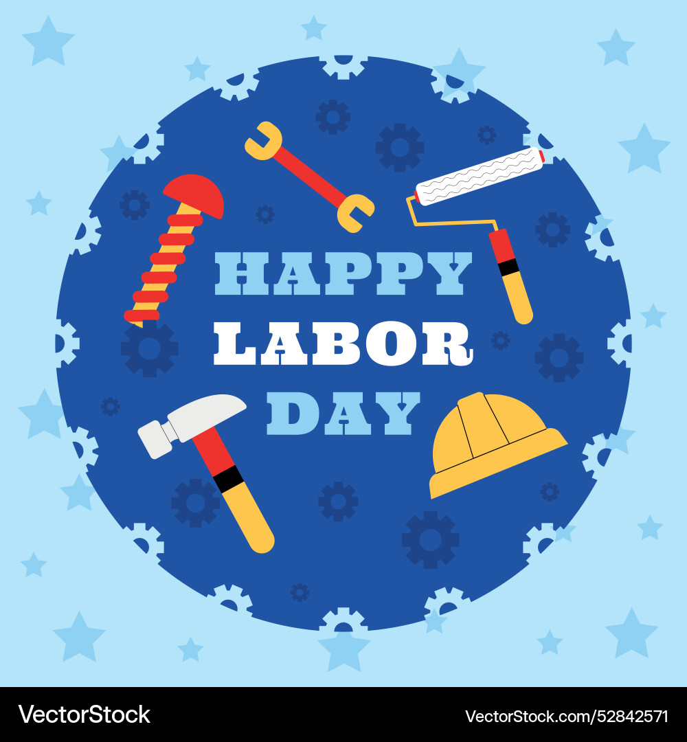 Labor day graphic with tools and gears on blue Vector Image