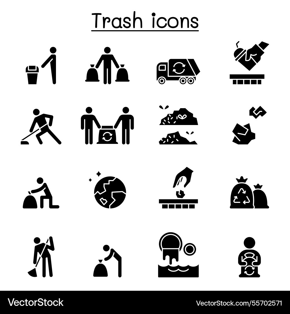 Trash garbage rubbish dump refuse icon set in Vector Image
