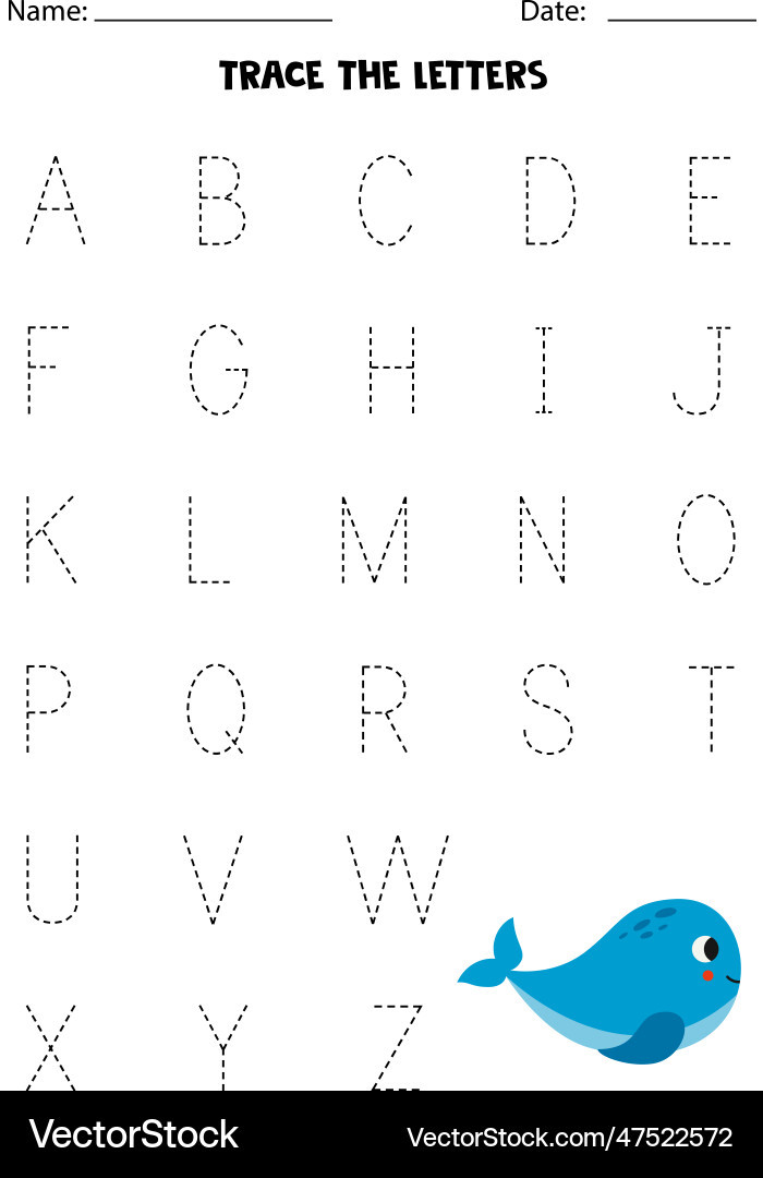 Alphabet Tracing Worksheet - Cute Blue Whale Vector Image