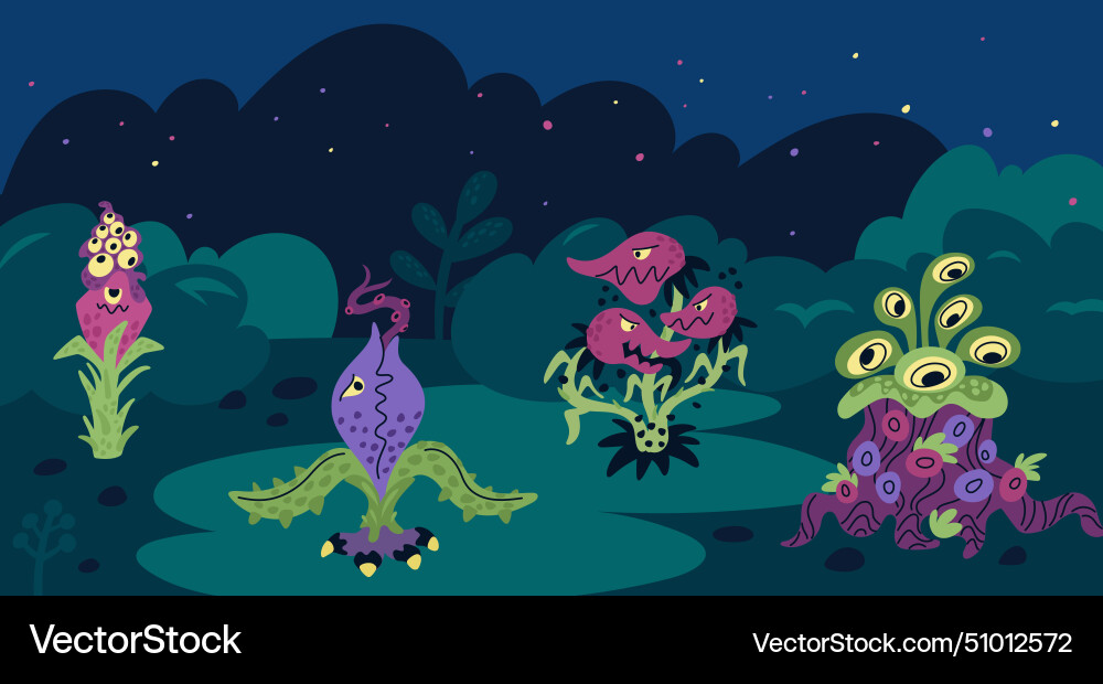 Monster plant location night forest Royalty Free Vector