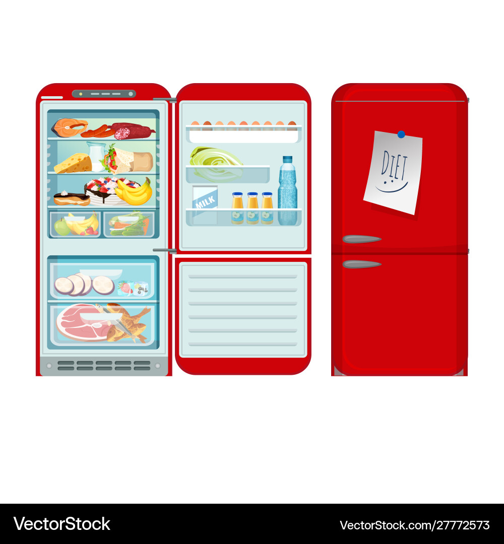Fridge opened and closed red refrigerator Vector Image