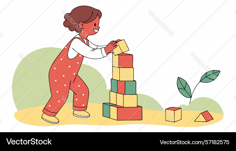 Diverse child building block tower engaging Vector Image