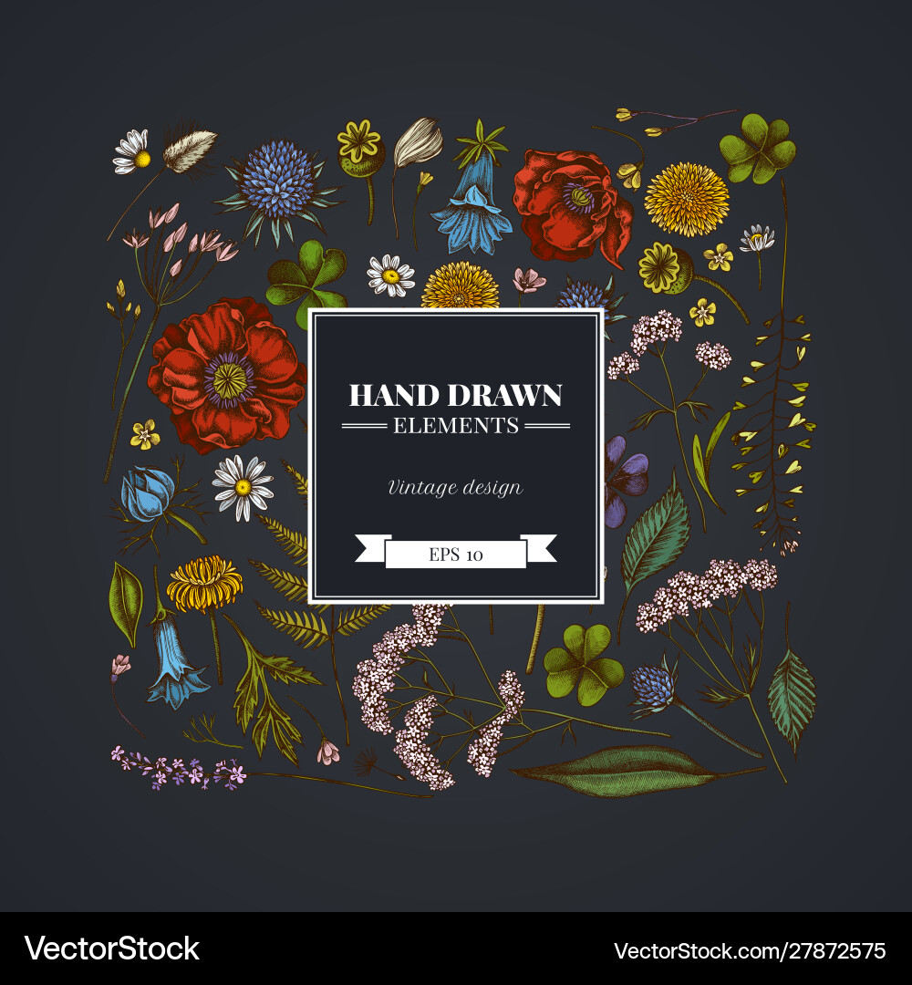 Square floral design on dark background Royalty Free Vector