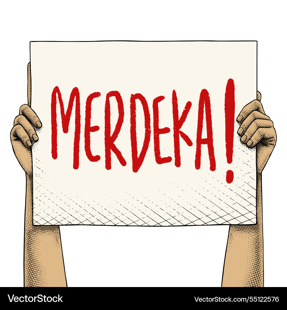 Hand raises a sign that says merdeka colored Vector Image