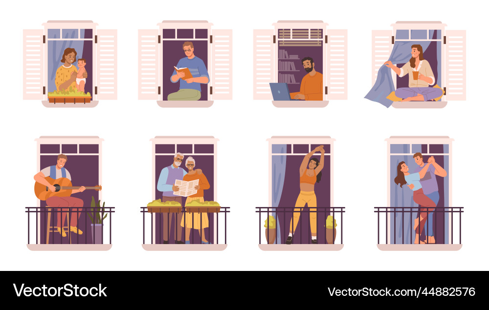 People sitting by windows or balconies cartoon set