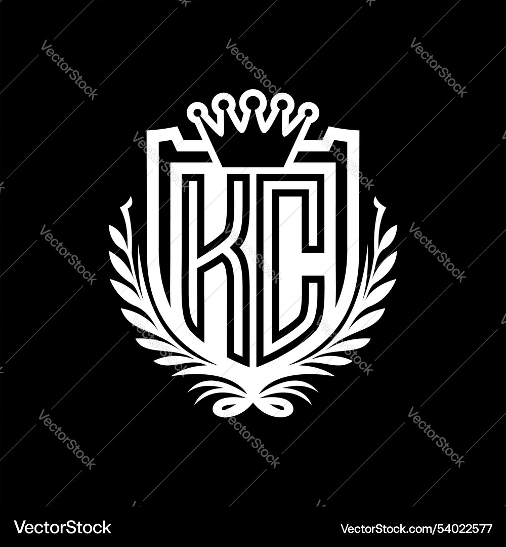 Kc letter logo heraldic shield shape with crown Vector Image