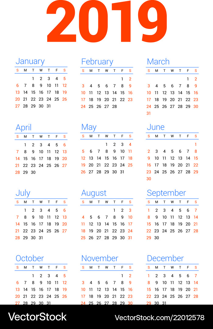 Calendar for 2019 year on white background week Vector Image
