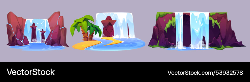 Cartoon waterfall on rocky cliff mountain Vector Image