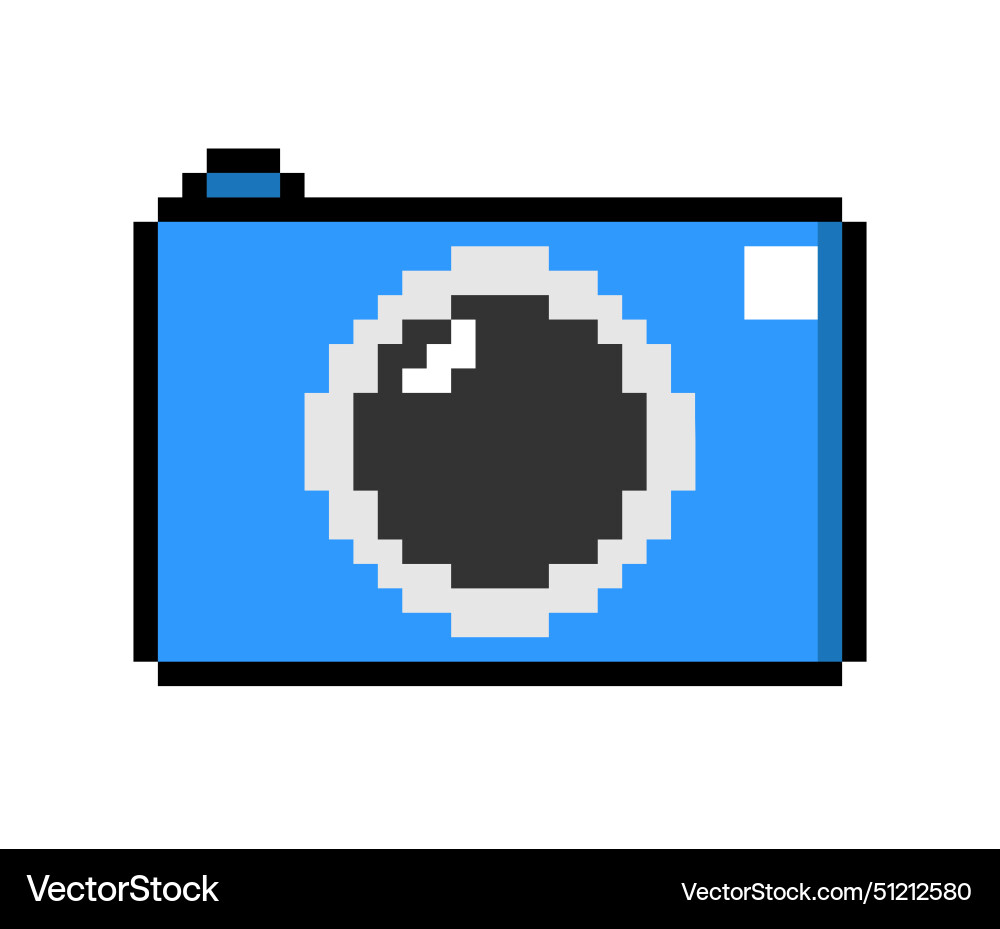 Blue photo camera emoticon symbol pixel art design