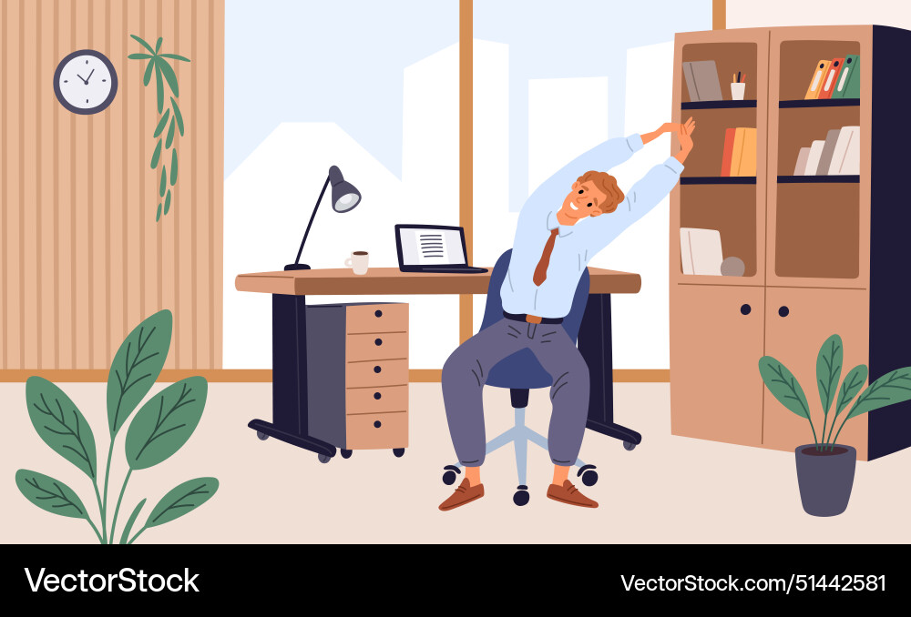 Man does stretching in workplace office physical Vector Image