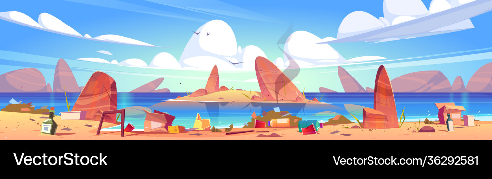 Ocean pollution trash on beach polluted seaside Vector Image