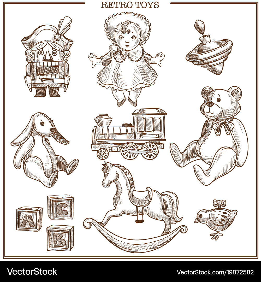 Retro toys sketch collection hand drawn Royalty Free Vector