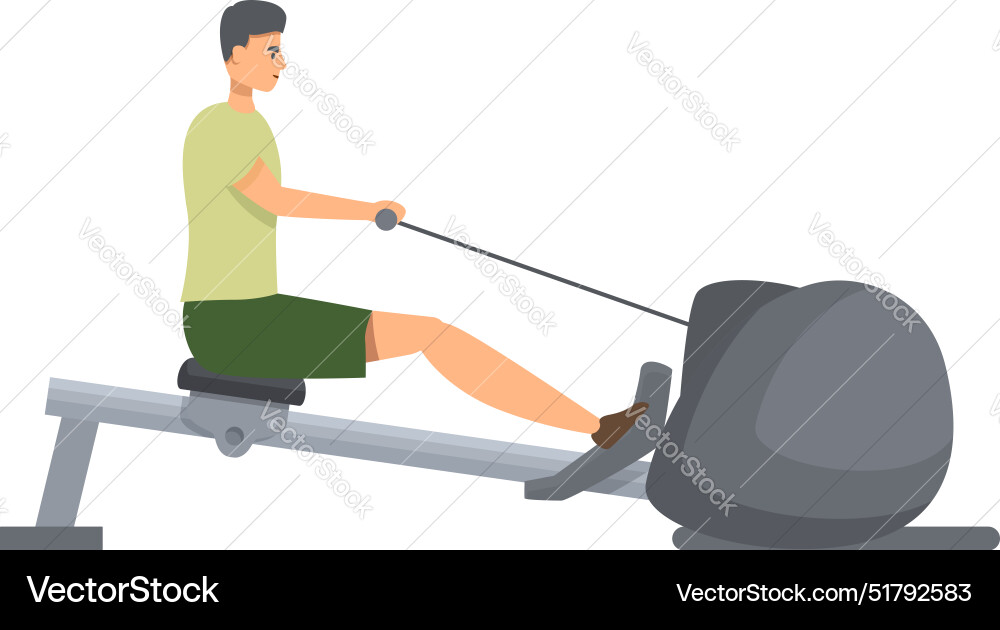Young man is exercising on rowing machine Vector Image