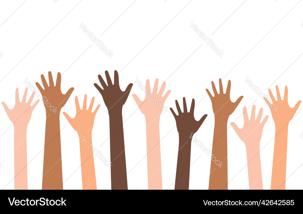 Multi-ethnic and diverse hands raised up charity Vector Image