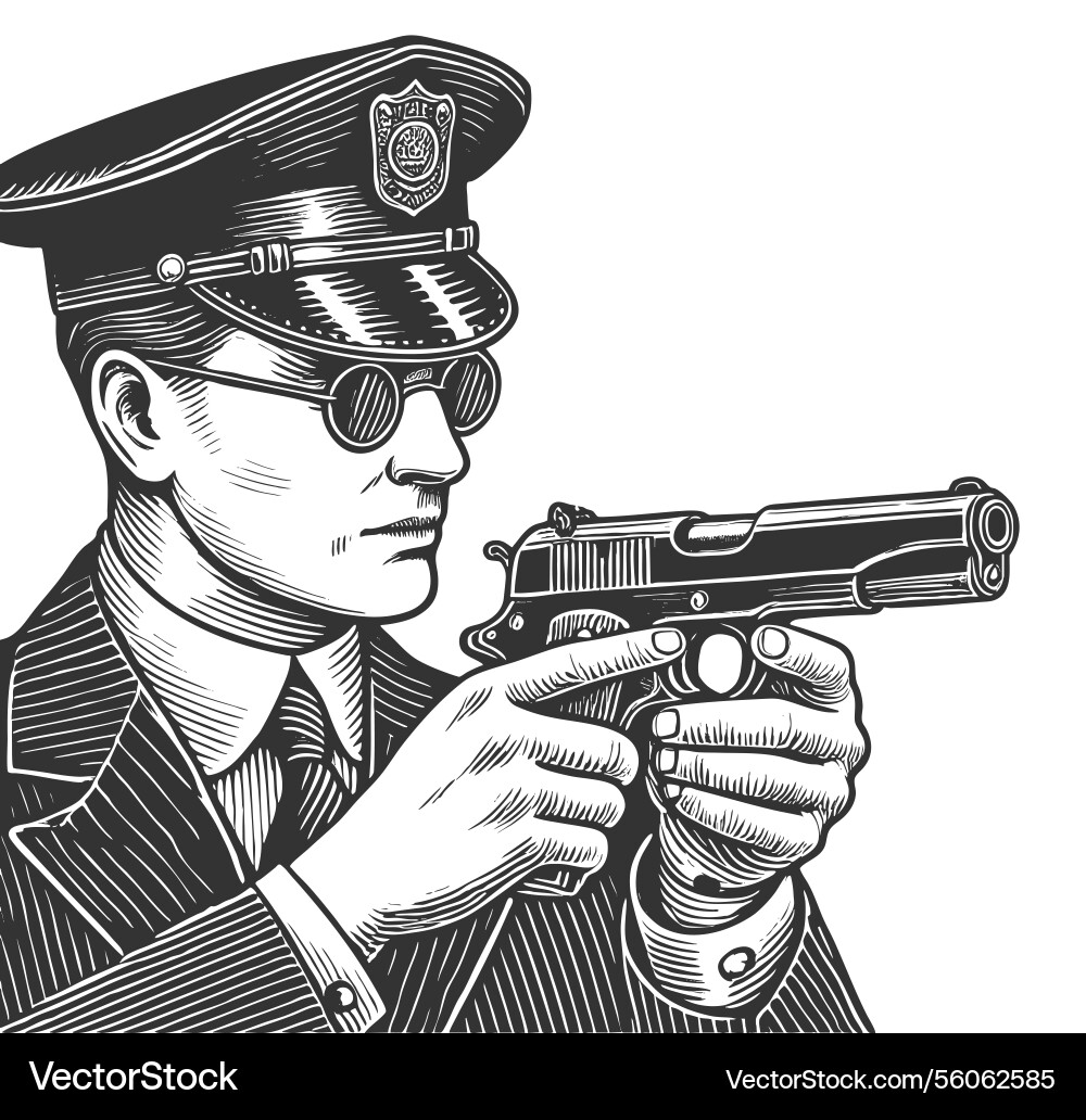 Police officer aiming gun engraving Royalty Free Vector