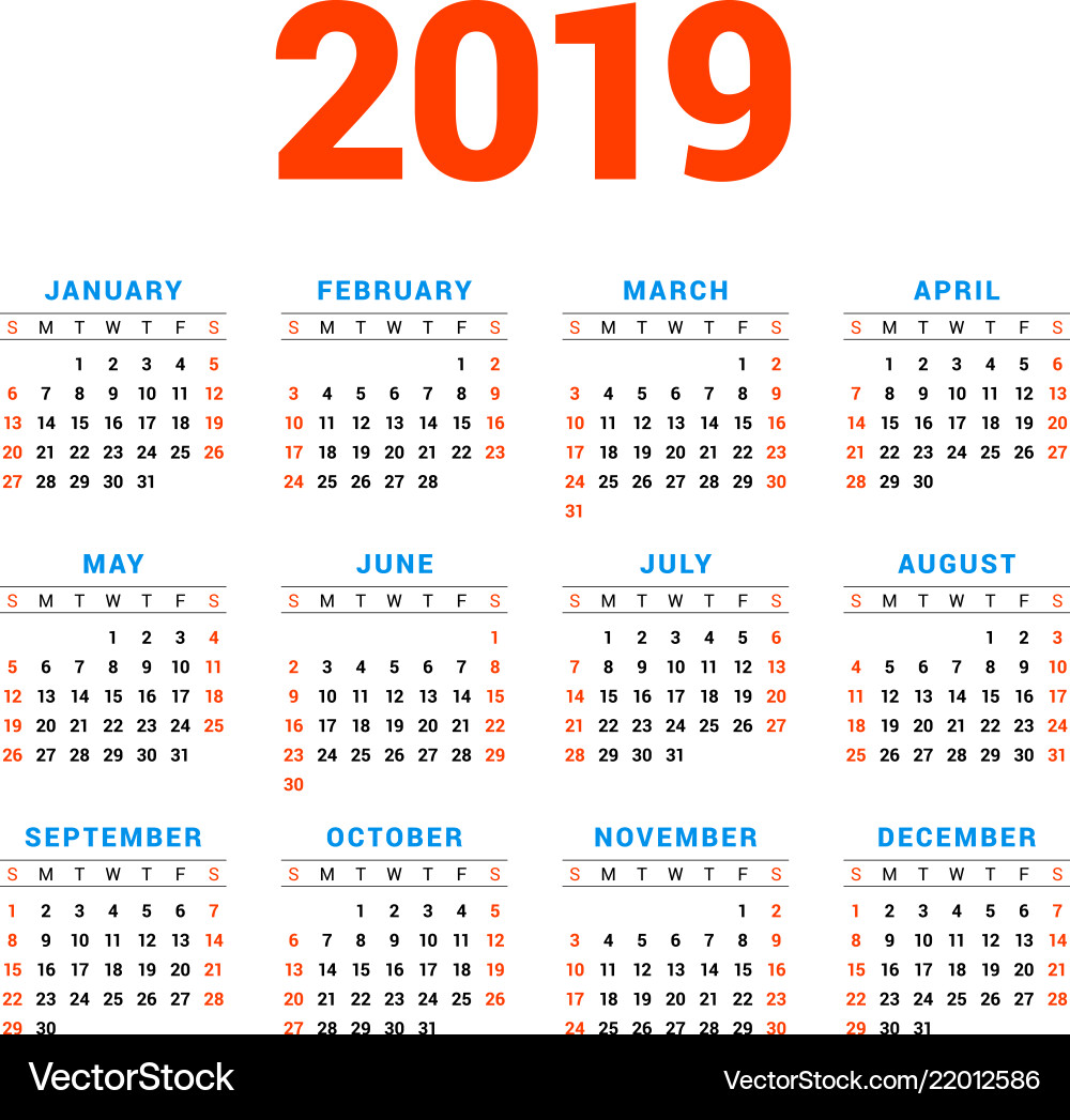 Calendar for 2019 year on white background week Vector Image