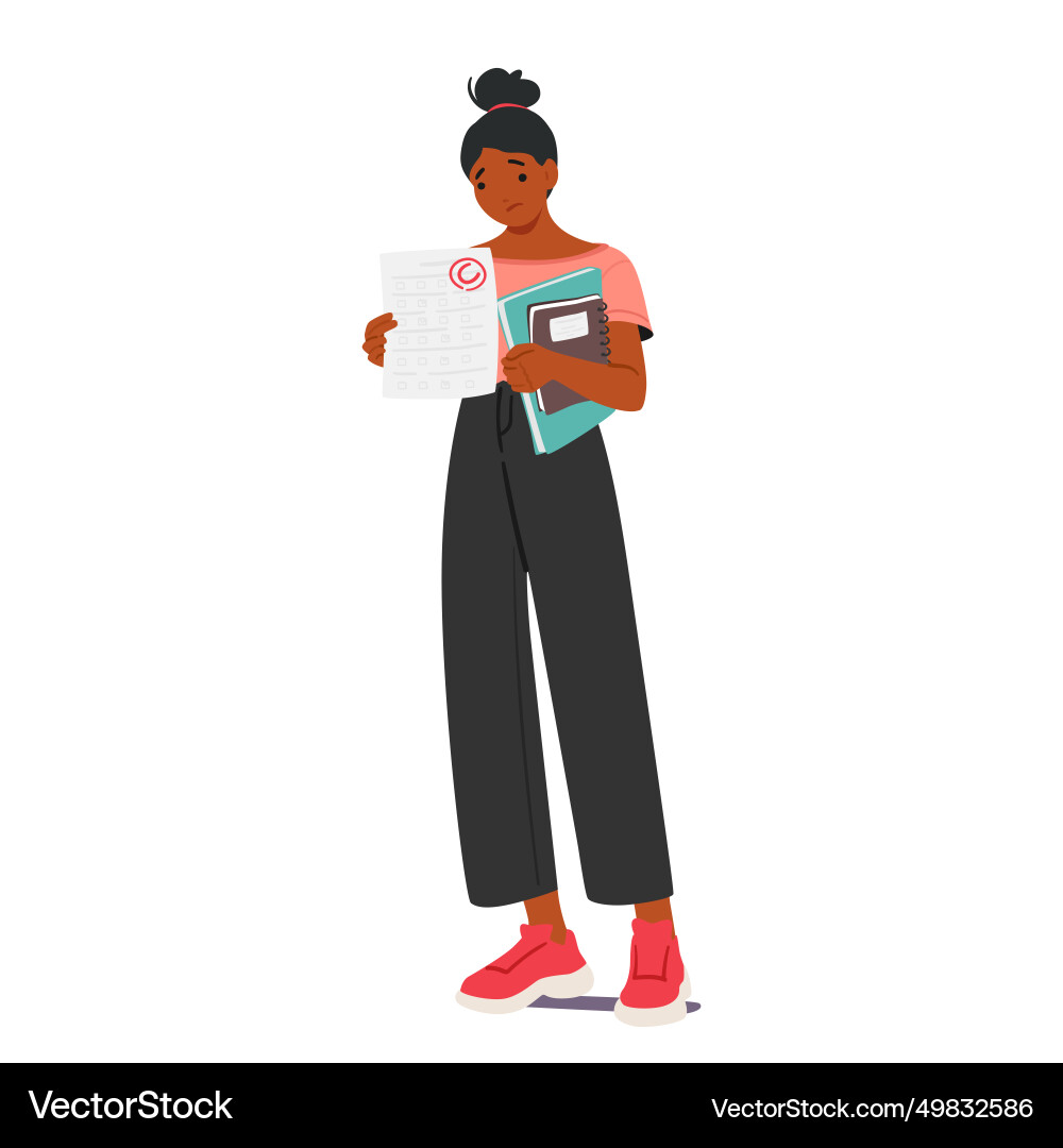 Disappointed student girl holds up her c test Vector Image