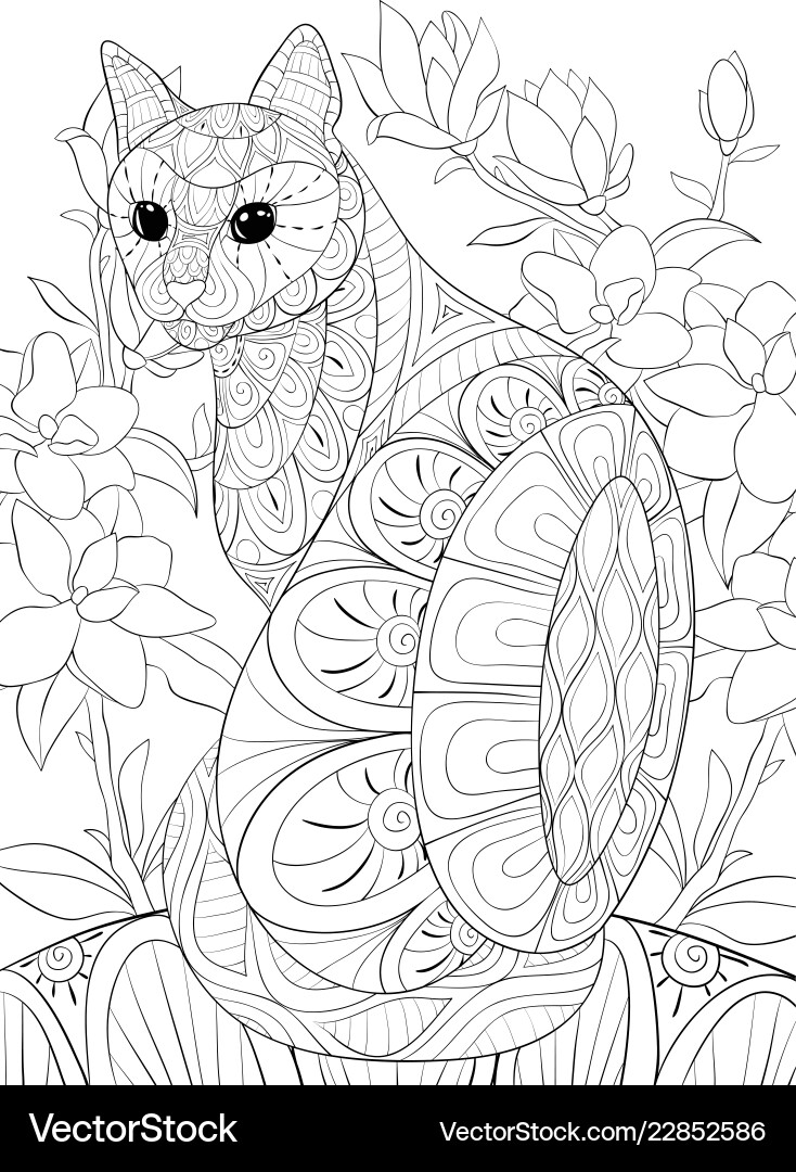 Floral Cat Coloring Page Royalty Free Vector Image