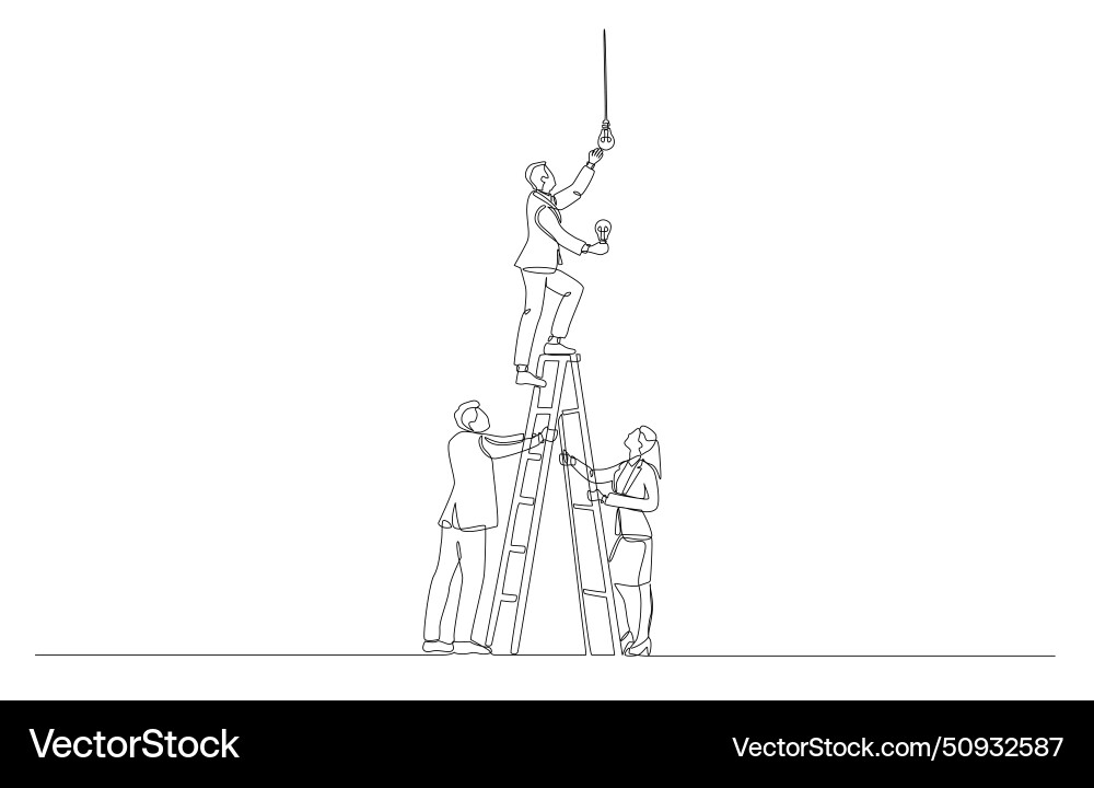 Employees helping colleague change light bulb Vector Image