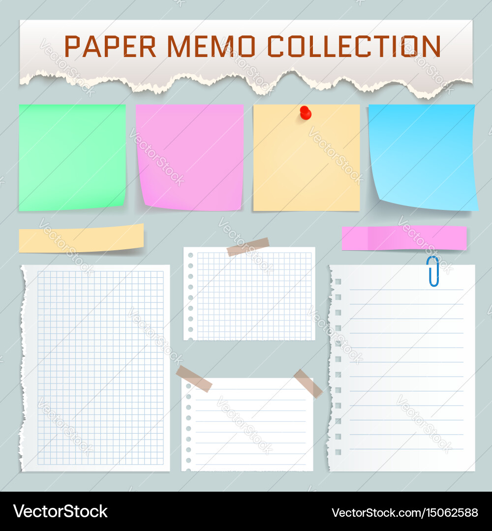 Paper memo mockup set realistic style Royalty Free Vector