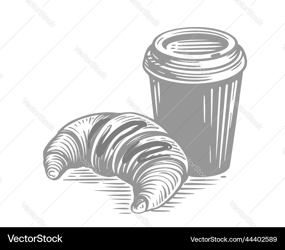 Coffee and croissant engraving Royalty Free Vector Image