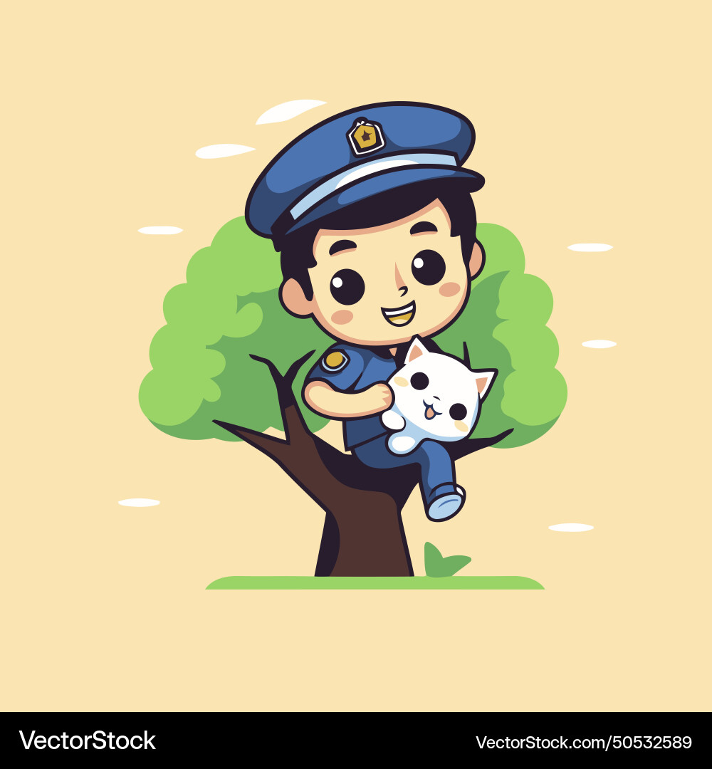 Cute cartoon policeman with a cat on tree Vector Image