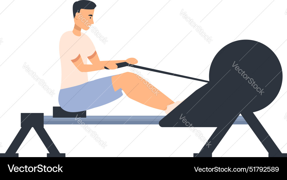 Young man using rowing machine doing fitness Vector Image