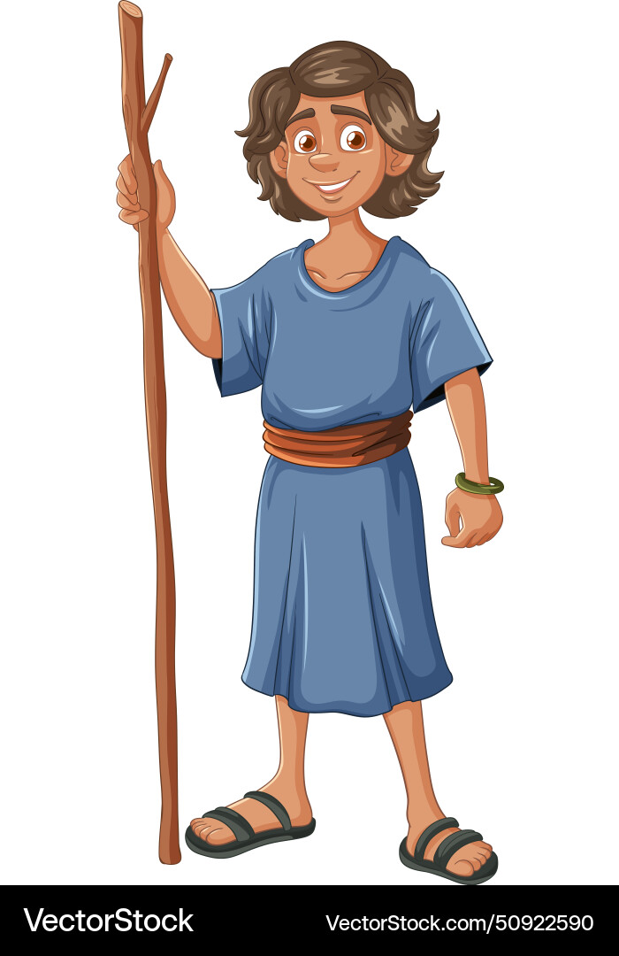 Cartoon shepherd boy smiling with walking stick Vector Image