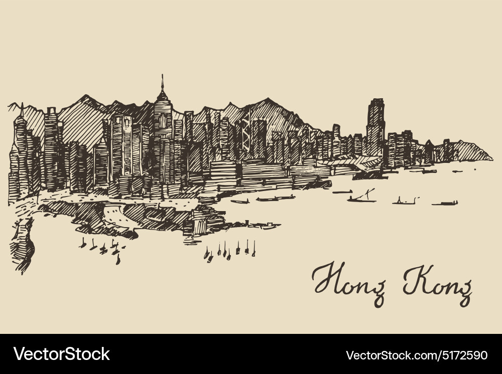 Hong kong skyline hand drawn sketch Royalty Free Vector