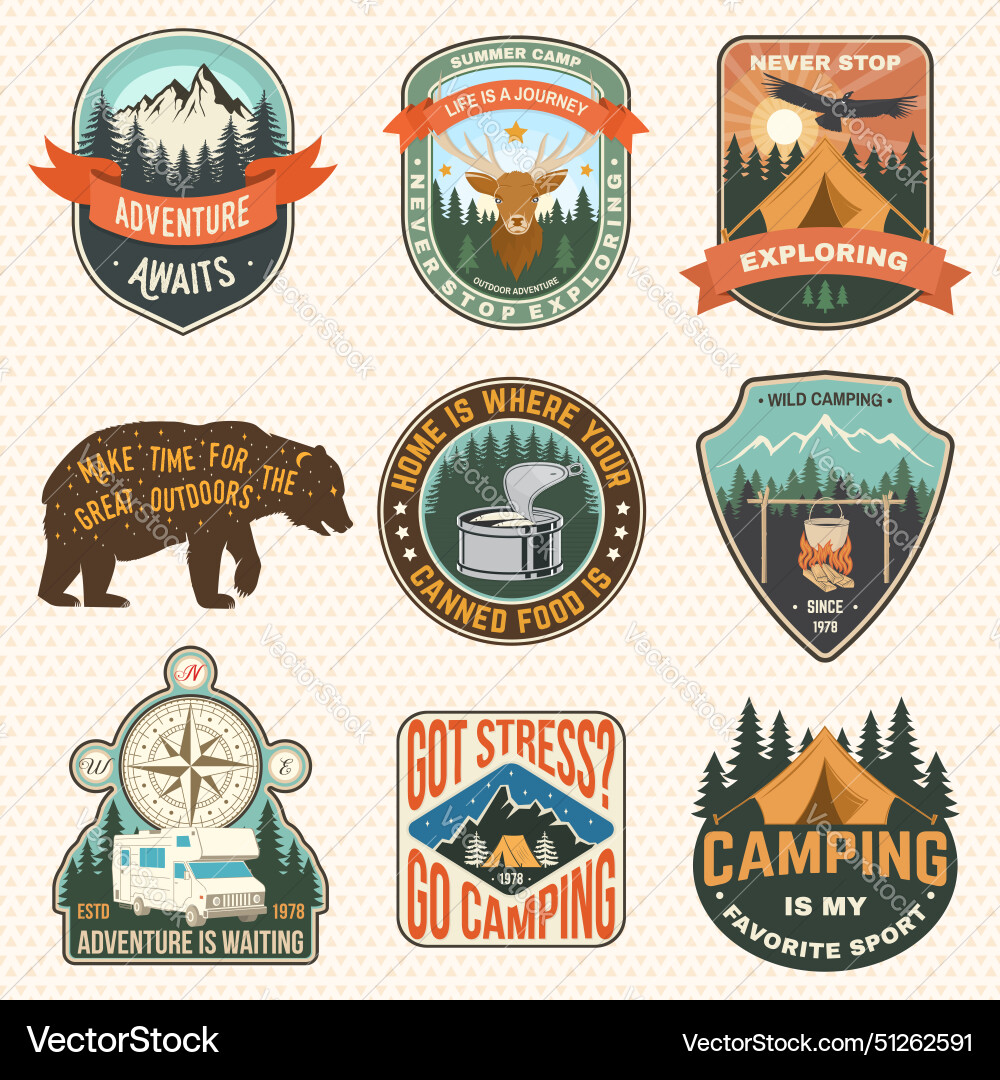 Set of summer camp patches concept Royalty Free Vector Image