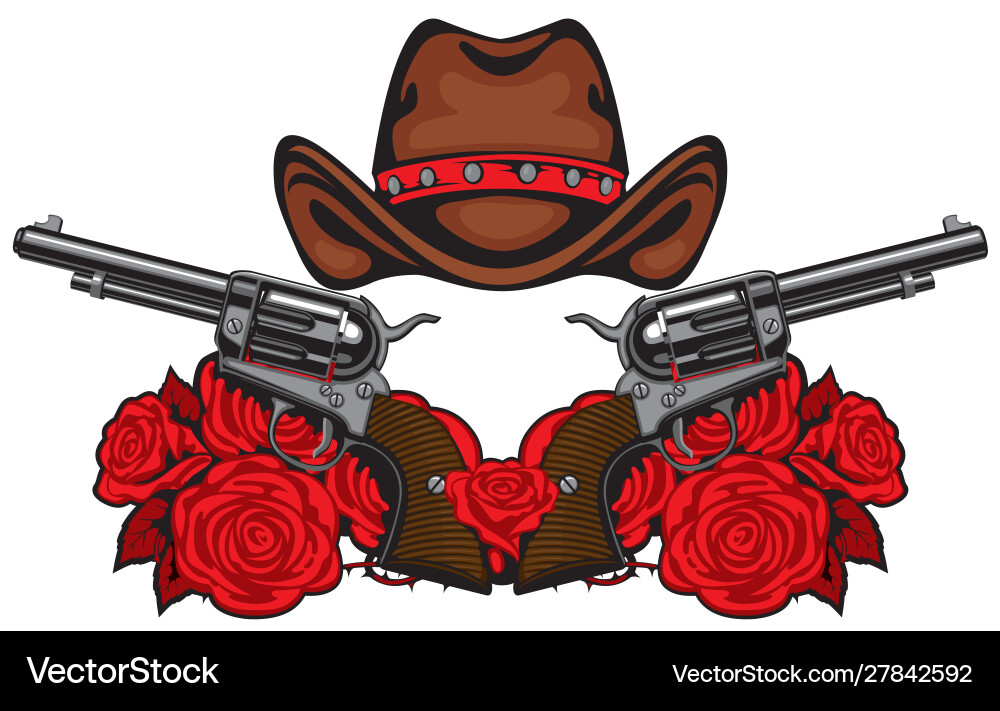Banner with two old revolvers hat and red roses Vector Image