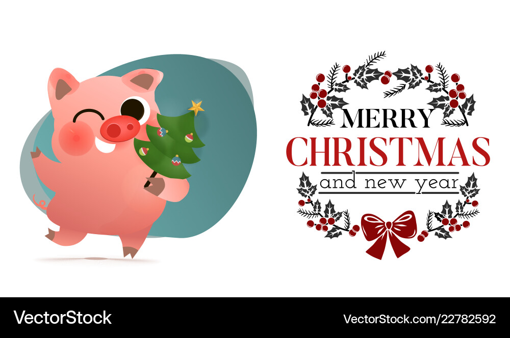 Funny smiling pig with decorated xmas tree poster Vector Image
