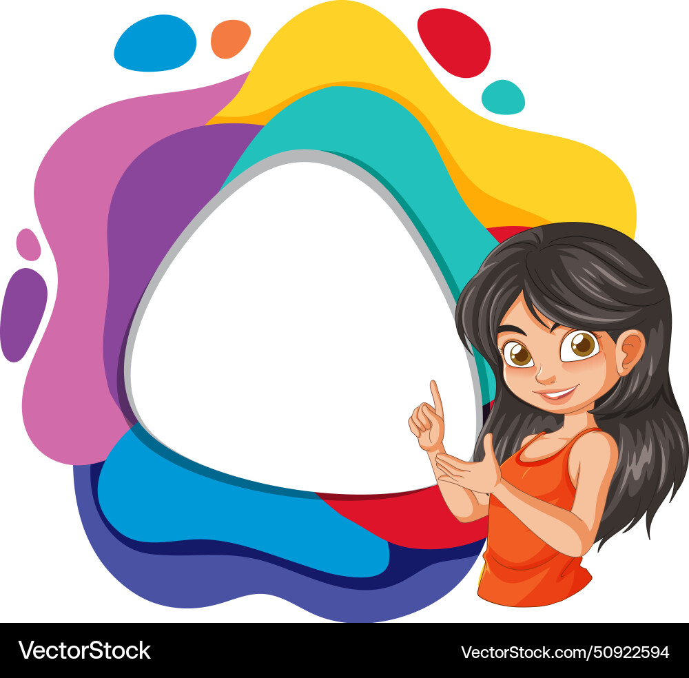 Cartoon girl presenting a vibrant abstract frame Vector Image