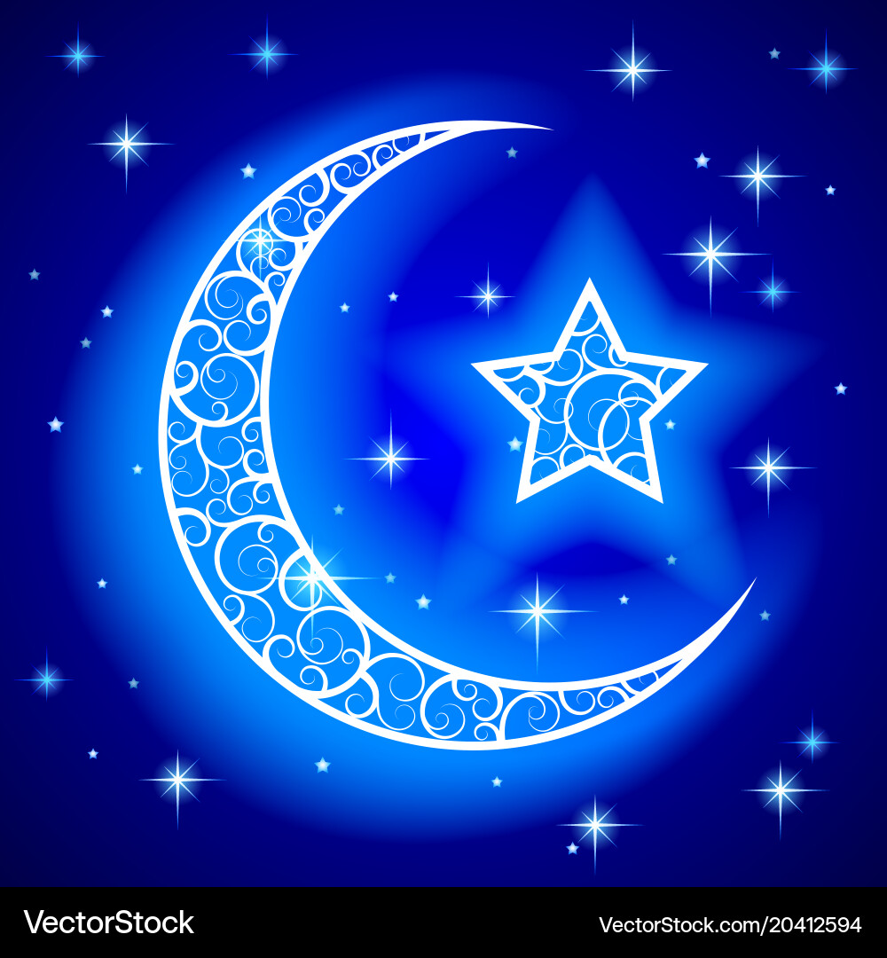 Shining decorative half moon with star on blue Vector Image