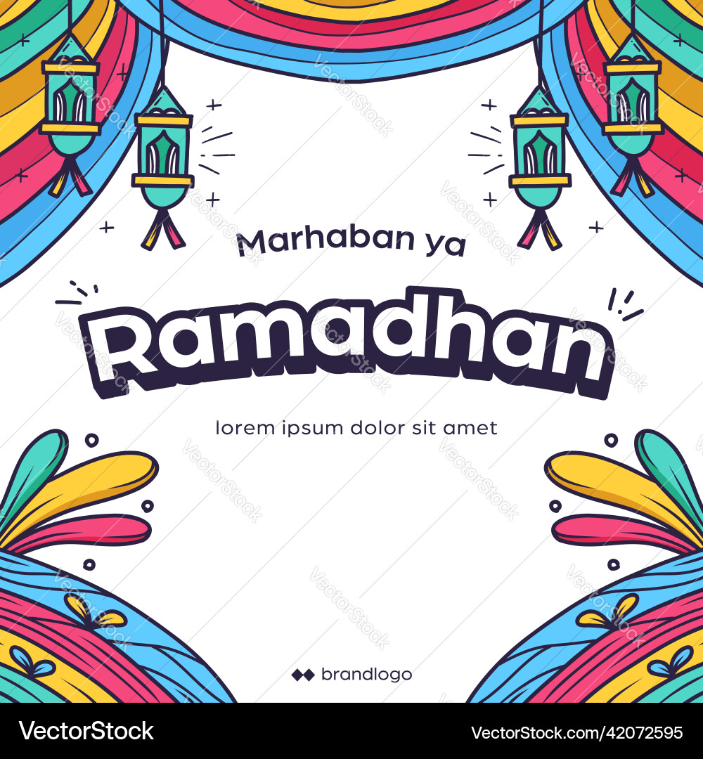 Colorful ramadhan greeting poster hand drawn Vector Image