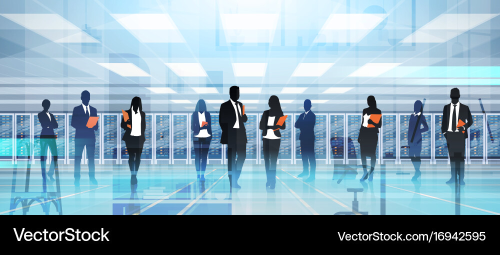 Silhouette people working in data center room Vector Image