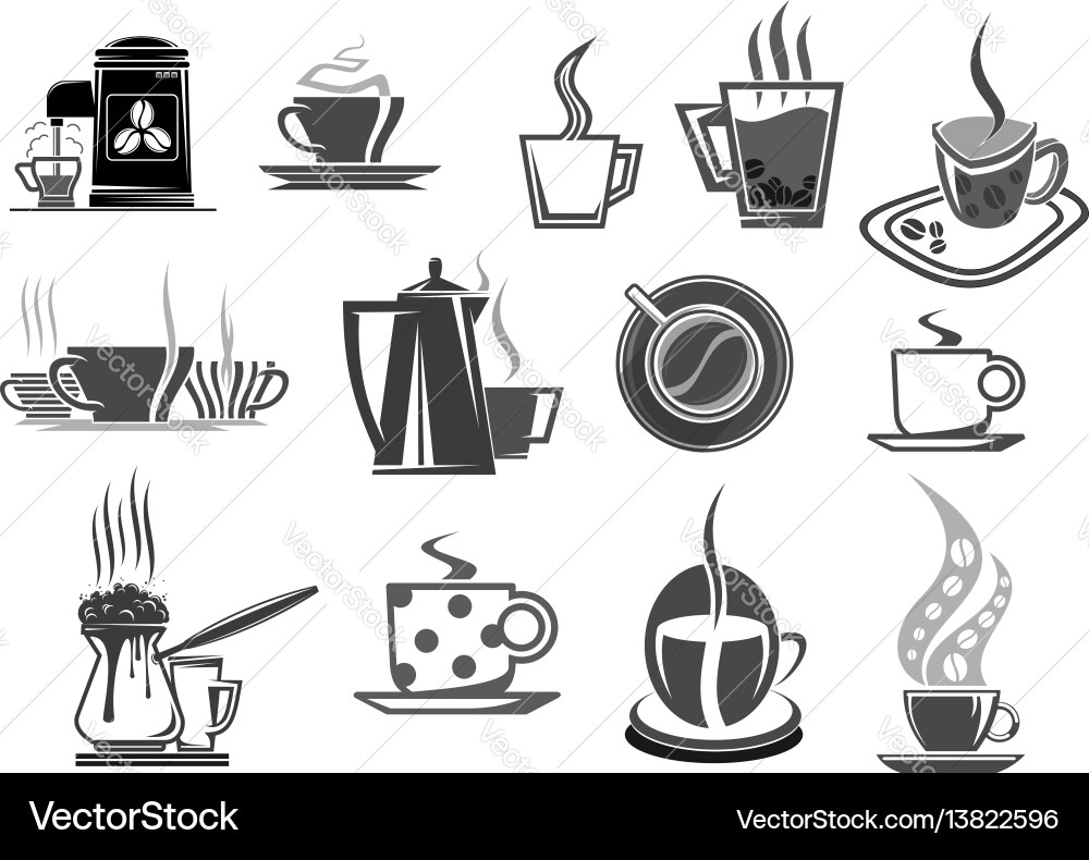 Cafe cafeteria coffee cups and beans icons Vector Image