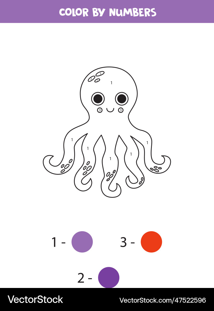 Color cute octopus by numbers worksheet for kids Vector Image