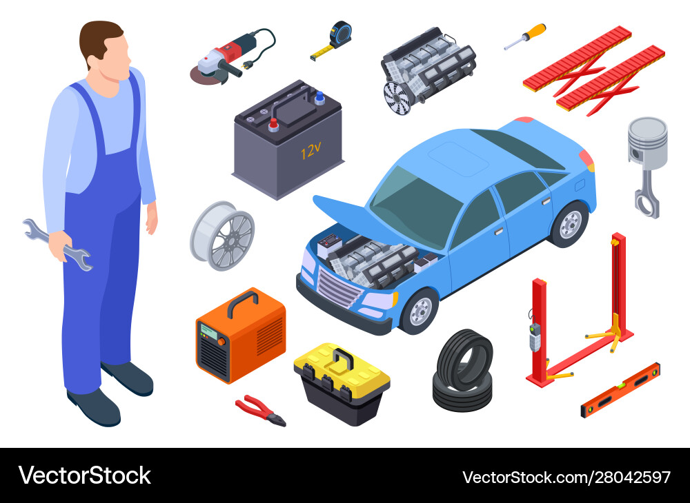 Auto mechanic and car tool isometric technician Vector Image