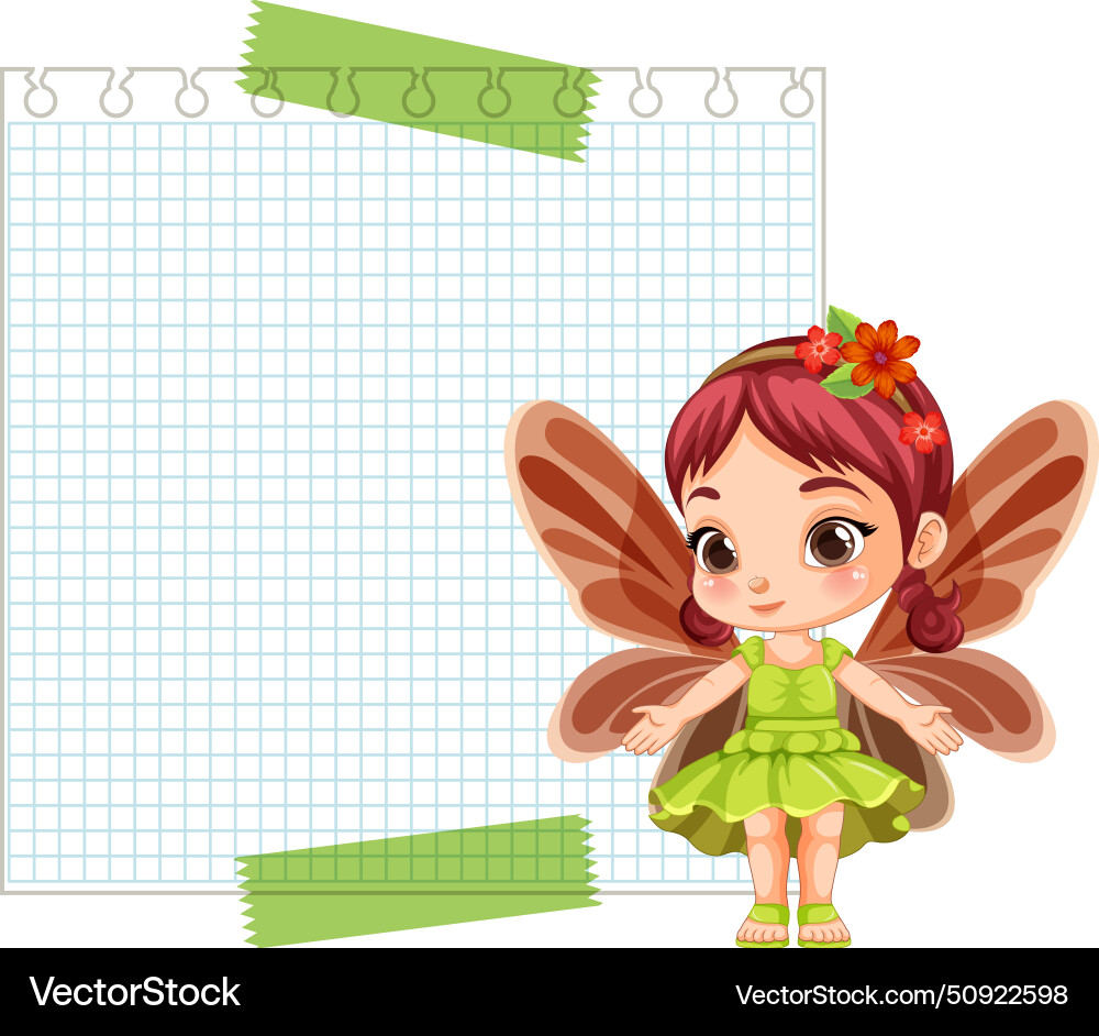 Cute fairy character with blank notepad background