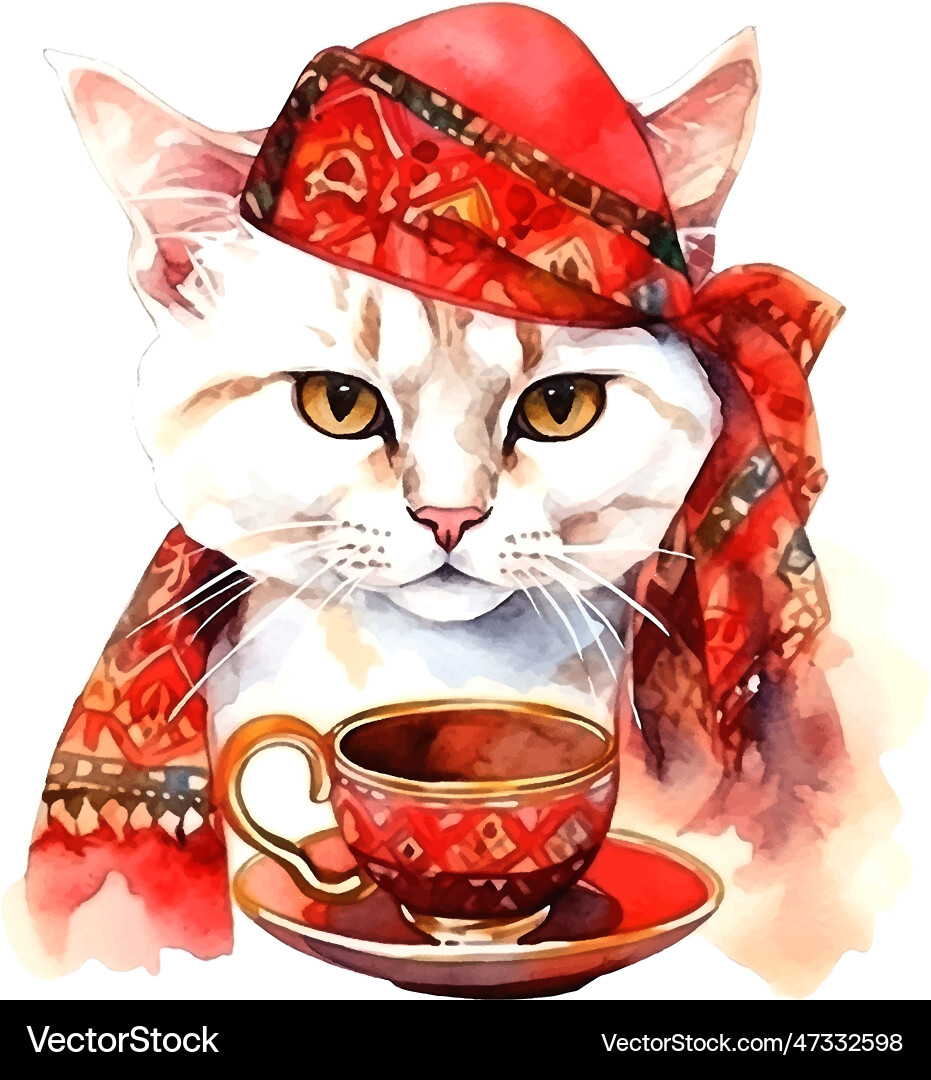 Turkish cat with coffee cup muslim Royalty Free Vector Image