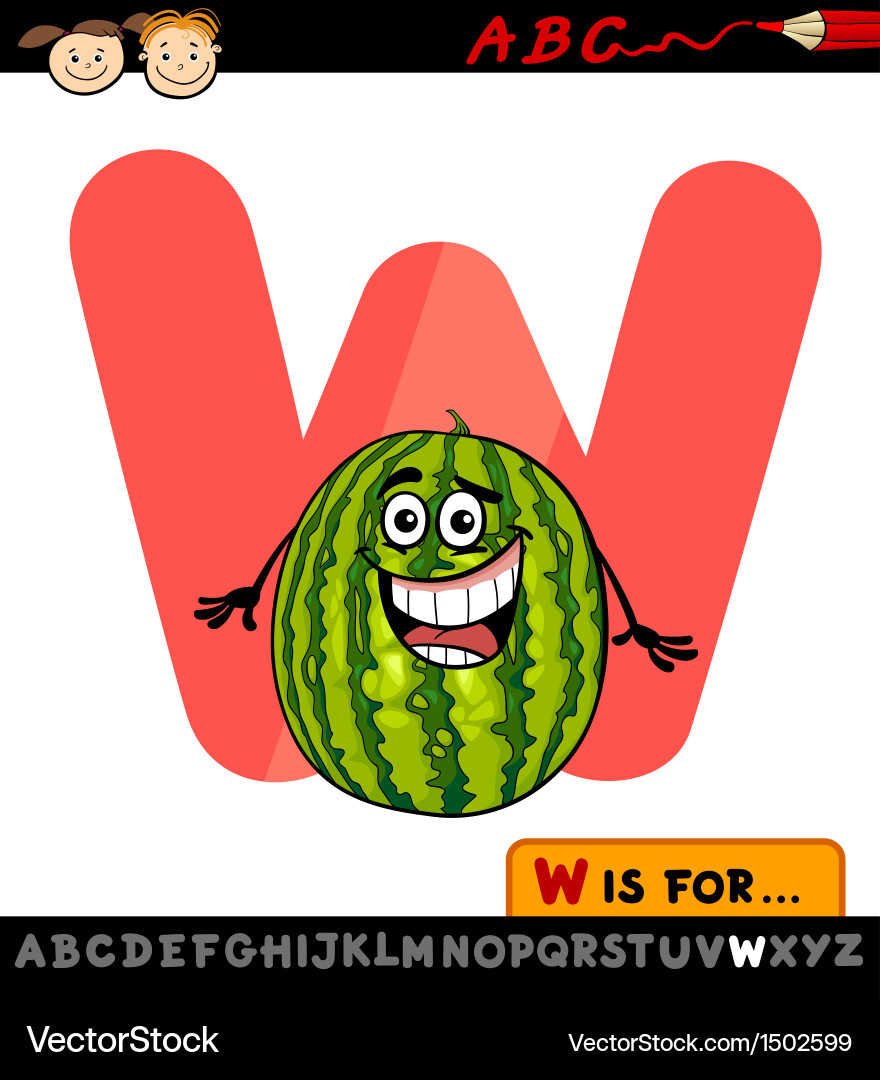 Letter w with watermelon cartoon Royalty Free Vector Image