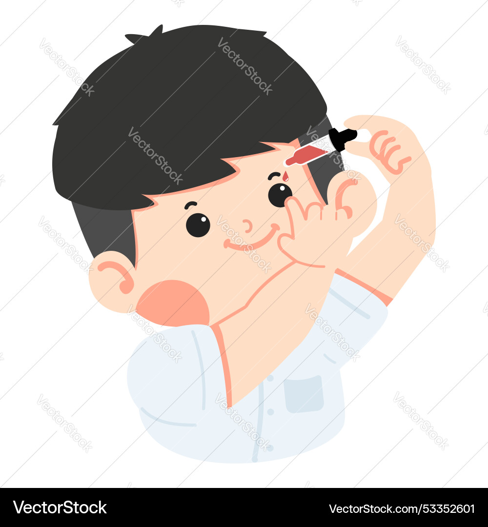 Kid boy putting eye drops Royalty Free Vector Image