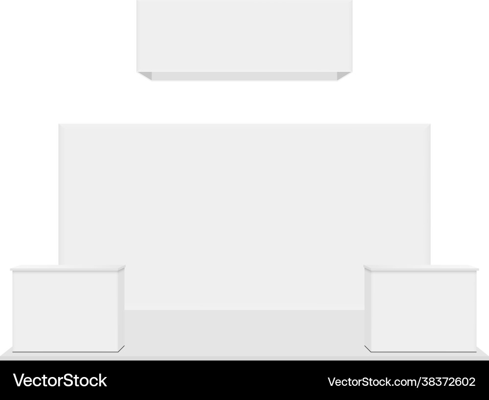 Exhibition booth with hanging banner and tables Vector Image