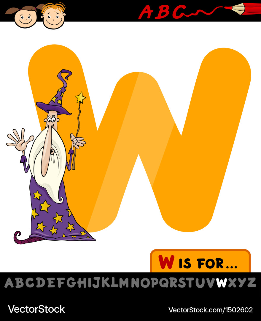 Letter w with wizard cartoon Royalty Free Vector Image