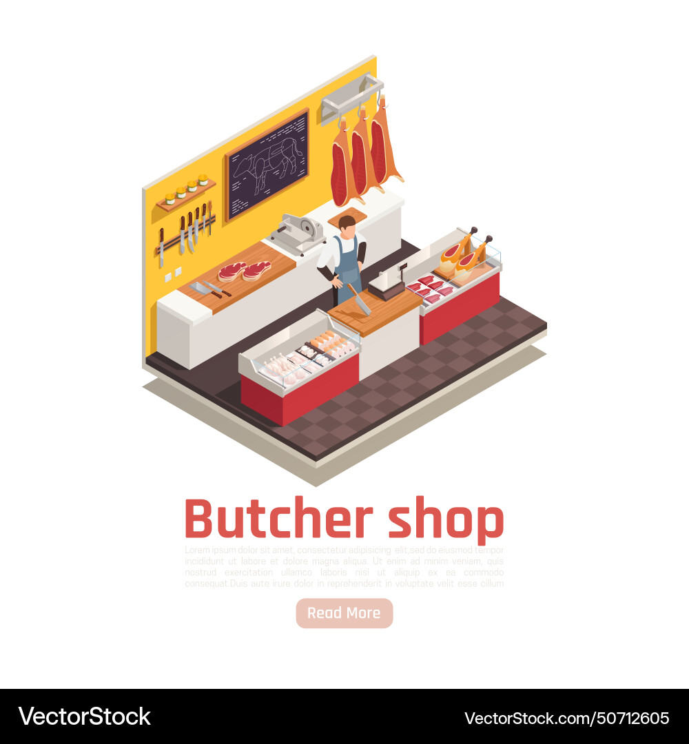 Butcher shop isometric composition Royalty Free Vector Image