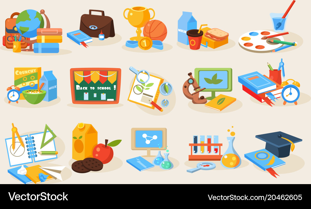 Flat set various school items Royalty Free Vector Image