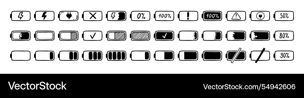 Mobile battery doodle hand drawn set collection Vector Image