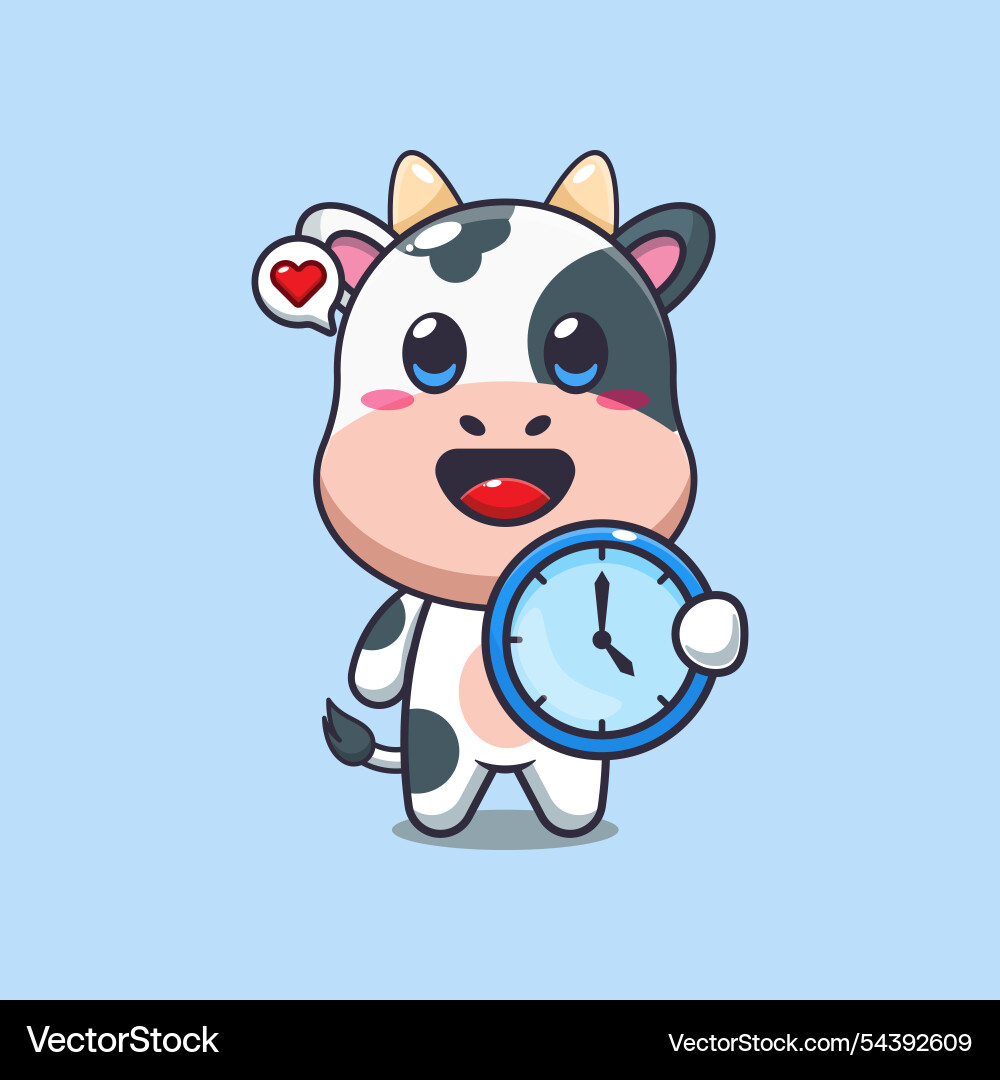 Cute cow with clock cartoon Royalty Free Vector Image